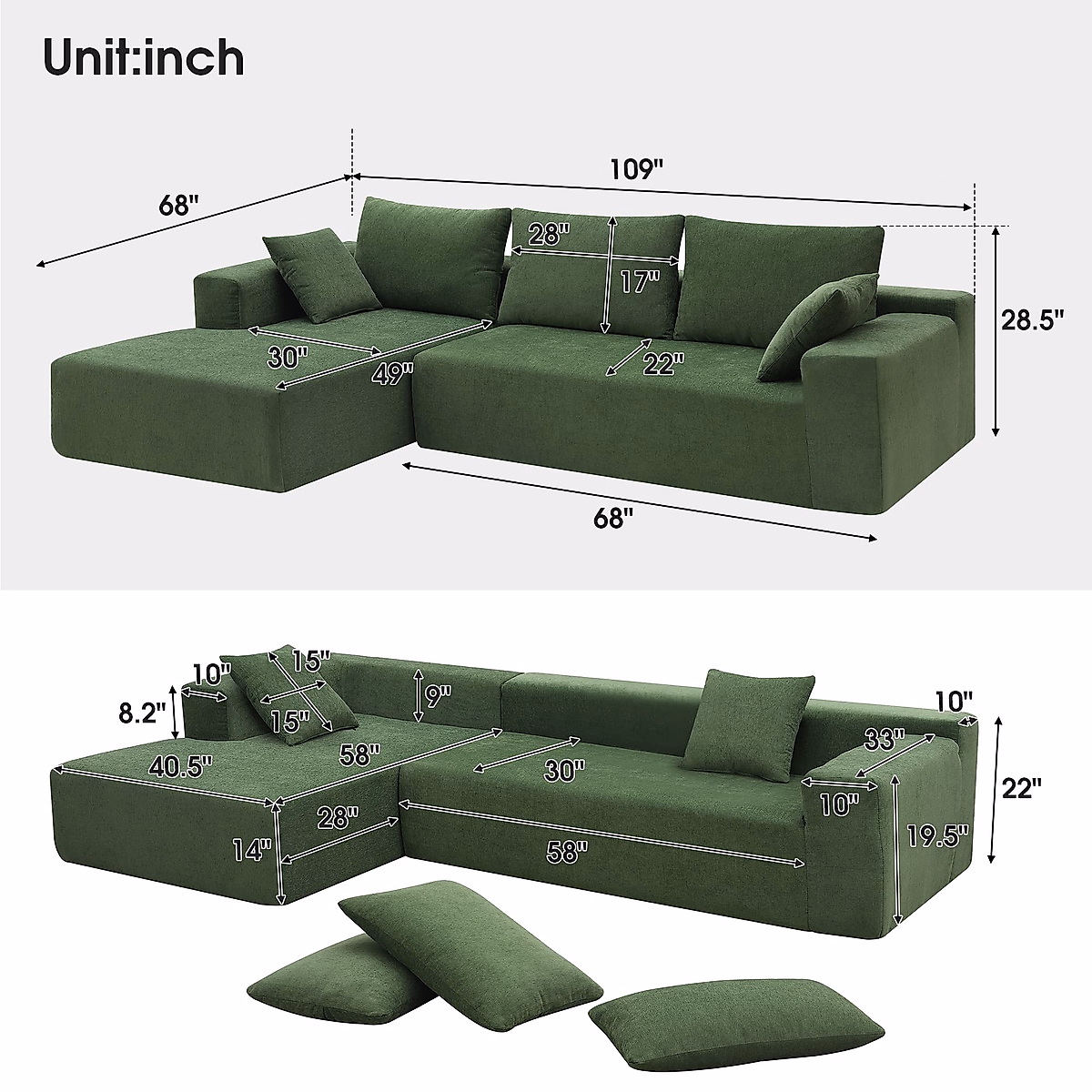 Tmsan Modular Sectional Sofa, 109" Modern Convertible L Shaped Cloud Couch Set, Minimalist Upholstered Sleeper Sofa with Pillows for Living Room, Green
