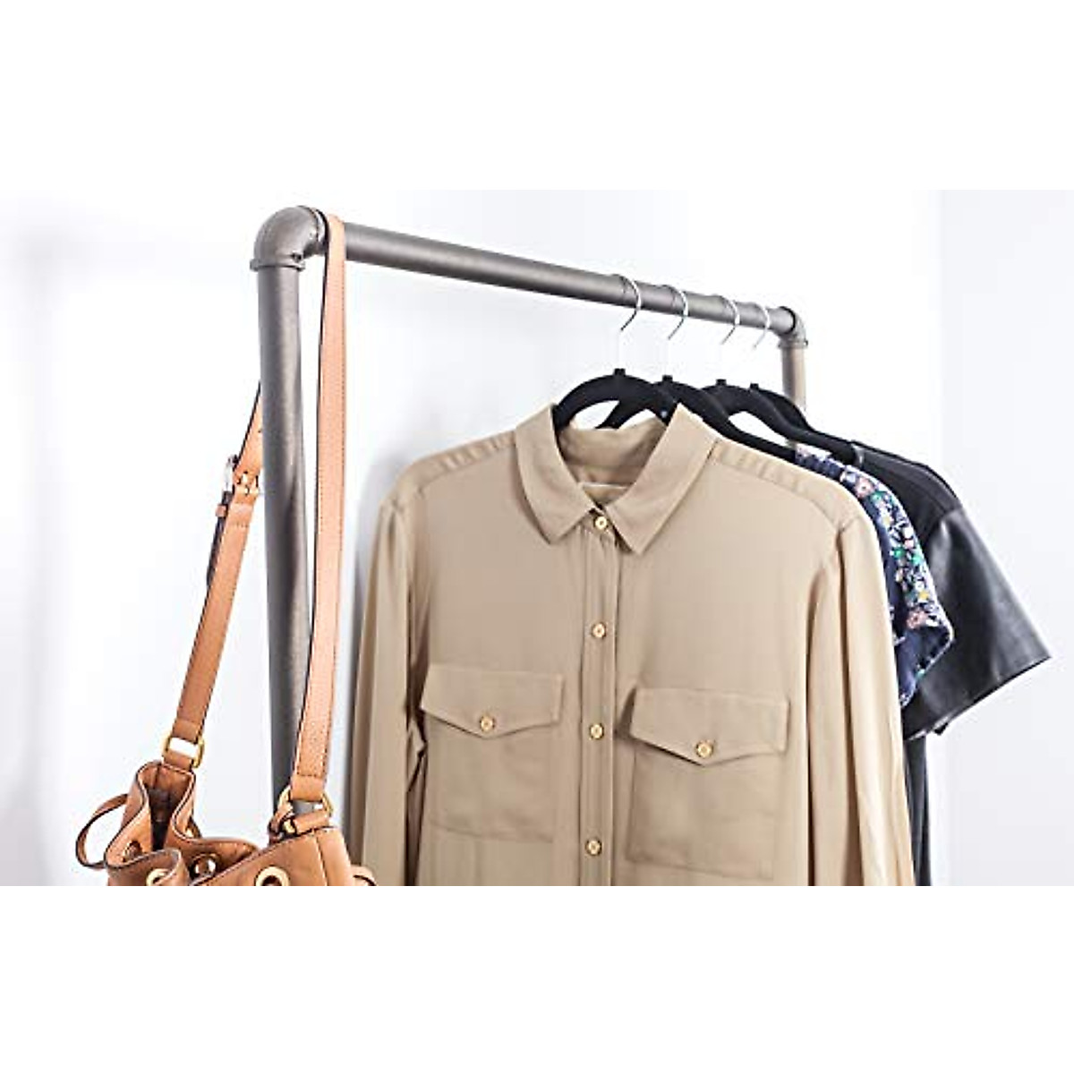 Real Home Innovations Modern Industrial Style Garment Rack with Wood Shelf, Satin Pewter