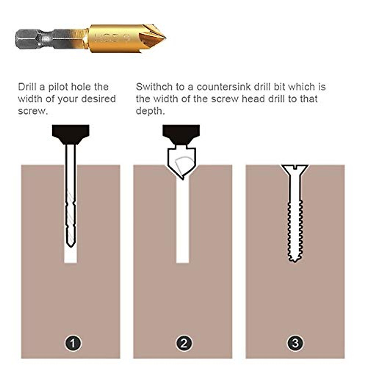 Countersink Drill Bit Set 3 Pcs 1/4'' Hex Shank High Carbon Steel 5 Flute Countersink 90 Degree Center Punch Tool Sets for Wood Quick Change Bits 6mm 8mm 9mm