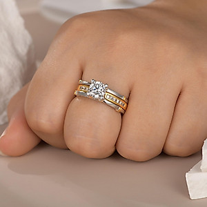 Newshe 1.9CT Sterling Silver Wedding Ring Set for Women Engagement Rings Promise Bridal Anniversary Wedding Band Round Cut 5A CZ Yellow Gold Size 9