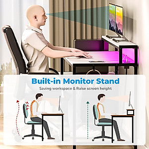 GreenForest Small Desk for Bedroom, 39.4 inch Computer Desk with 2 Drawers, Gaming Desk with LED Light and Power Outlet, Reversible Office Desk with Monitor Stand, Desk for Small Spaces, White