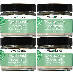 Pack of 4 Viva Doria Natural Toothpaste Fluoride Free Tooth Paste - Spearmint, Refreshes Mouth, Freshens Breath, Keeps Teeth and Gum Healthy, Spearmint Flavor, 3 oz Glass jar