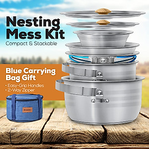 WEALERS Camping Cookware & Dinnerware Set- 17 Pieces Stainless Steel Pots and Pans Set with Plates, Bowls & Sporks in Travel Mesh Bag for Camping, Trekking, Backyard Picnic & Backpacking Gear