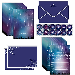 12 Set Romantic Aurora Shoting Star Party Invitation Card with Envenopes Galaxy Stickers for Universe Twinkle Litter Star Starry Night Birthday Bday Anniversary Baby Shower Party Supples