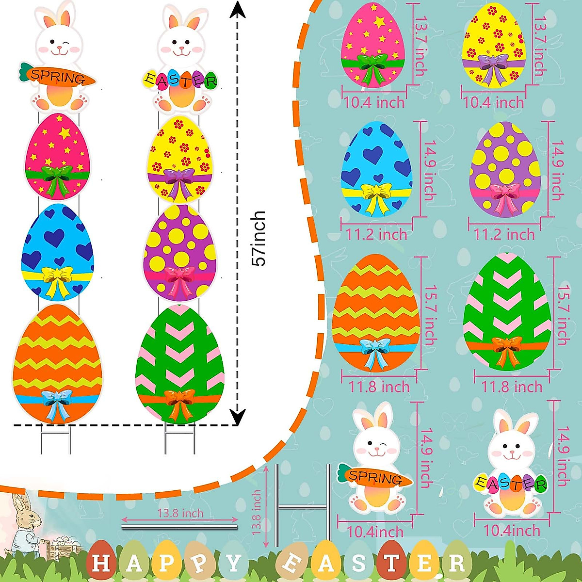 59.5 inch Easter Decorations Outdoor Easter Egg and Bunny Yard Signs Spring Easter Signs with Metal Stakes Easter Lawn Sign Decor for Easter Party Garden Patio