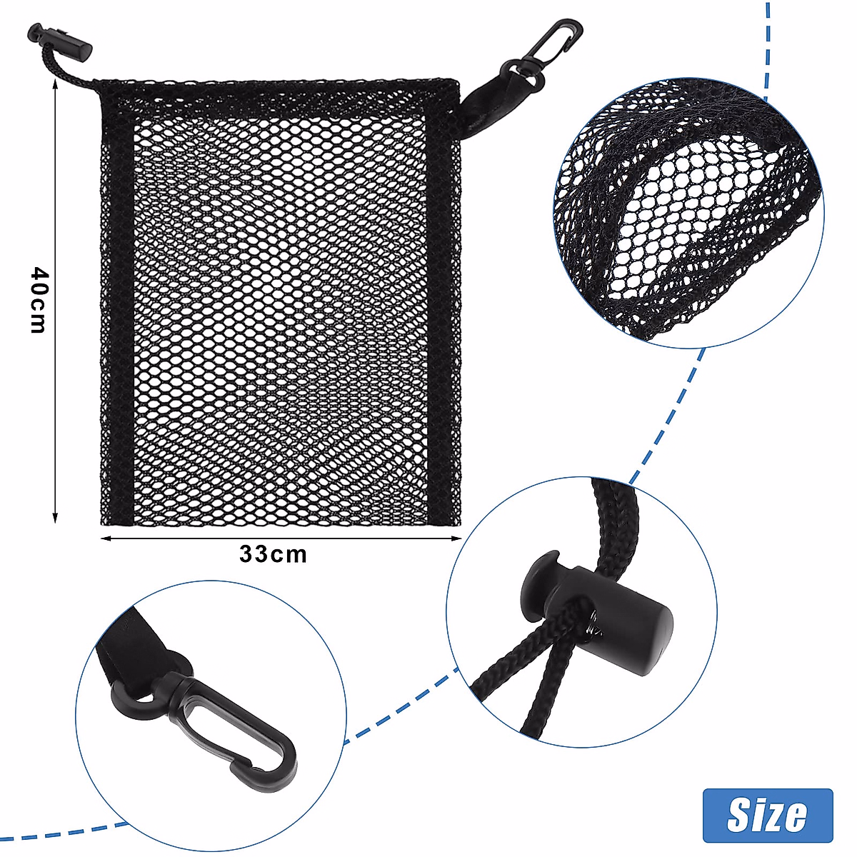 8 Pieces Black Mesh Drawstring Bags with Clips Small Nylon Storage Mesh Bags Shell Bag Dishwasher Net Bag for Jewelry Beach Collecting Toys Gifts Travel Kitchen Favor (33 x 40 cm/ 13 x 15.75 Inch)
