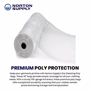 Norton Supply Dry Cleaning Poly Bags - Transparent Plastic Garment Cover, 40" Long, 100 Gauge Thickness, Suit Packing, Travel & Laundry Clothes Closet Hanging