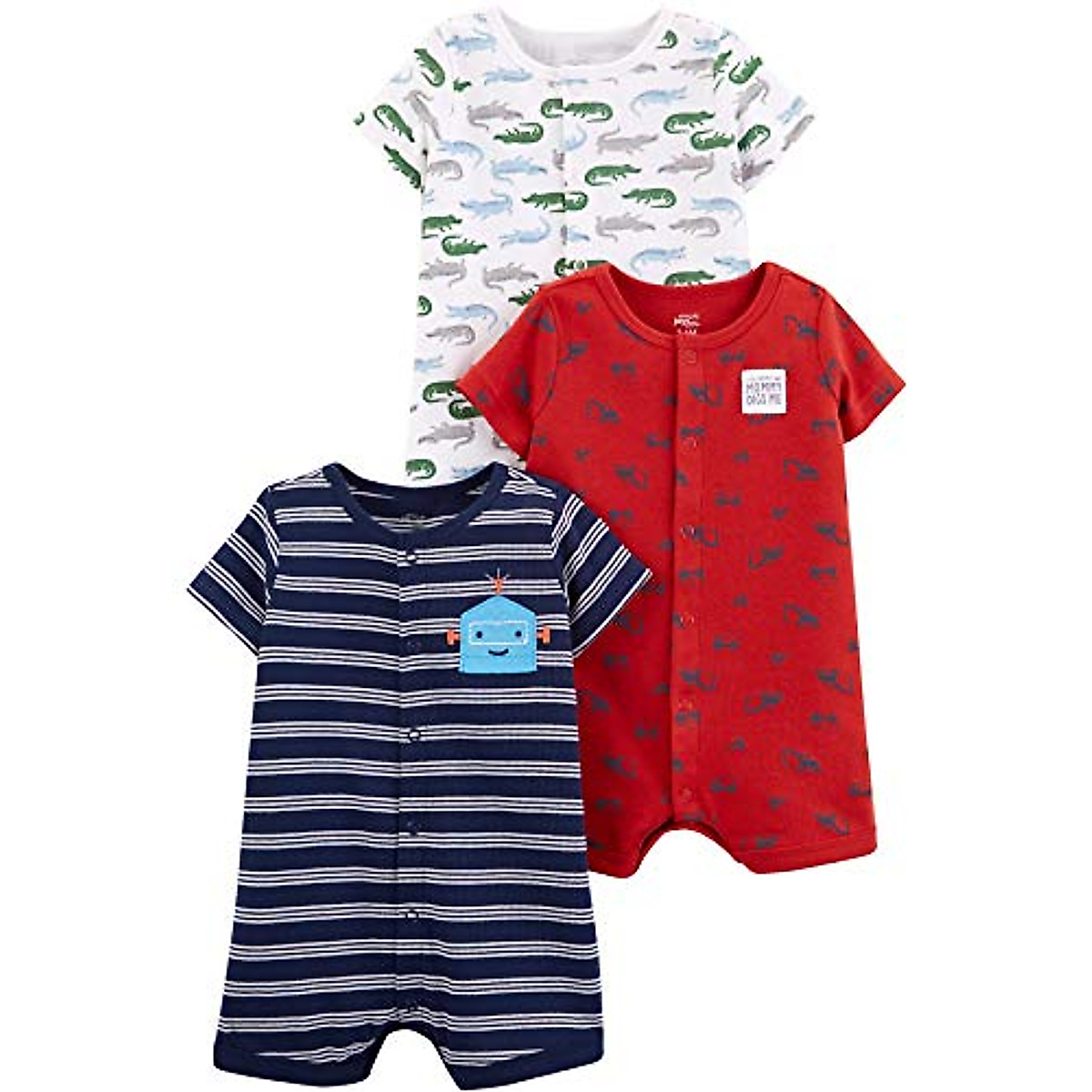 Simple Joys by Carter's Baby Boys' Snap-Up Rompers, Pack of 3, Navy/Red/White, Alligator/Stripe, 12 Months
