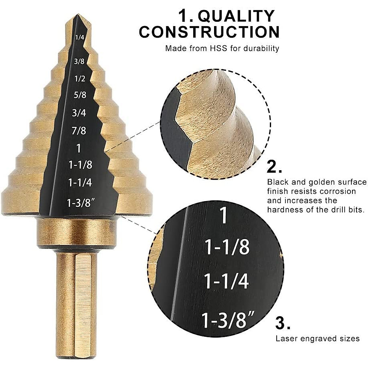 Loboo Idea 6 Pieces/Set Step Drill Bit Set & Automatic Center Punch (6-Pieces/Set, Black)