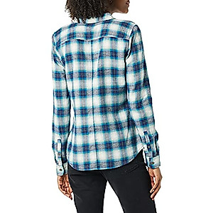 Goodthreads Women's Brushed Flannel Drop-Shoulder Long-Sleeve Shirt, Blue White Tartan, Large