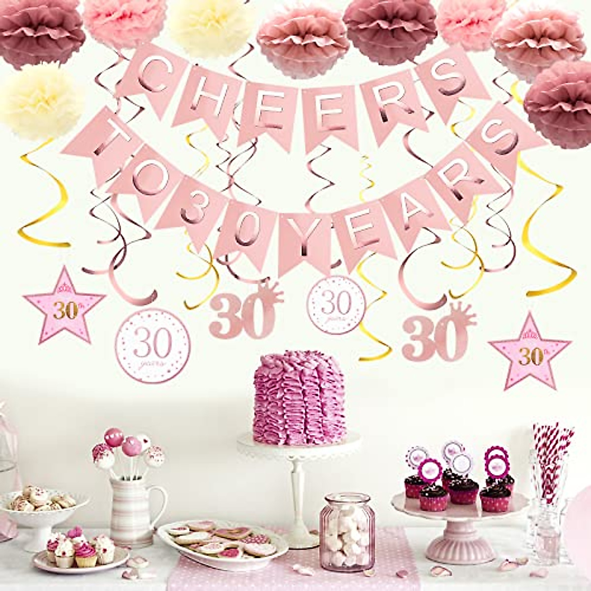 30th Pink Rose Gold Birthday Decorations,Rose gold Glittery Cheers to 30 Years Banner,Poms,Sparkling Hanging Swirls Kit for women Birthday Party Supplies