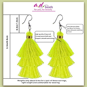 AD Beads Fashion Copper Dangle Tassel 3 Layers Fan Fringe Earrings, Lime Yellow, 3.15 in