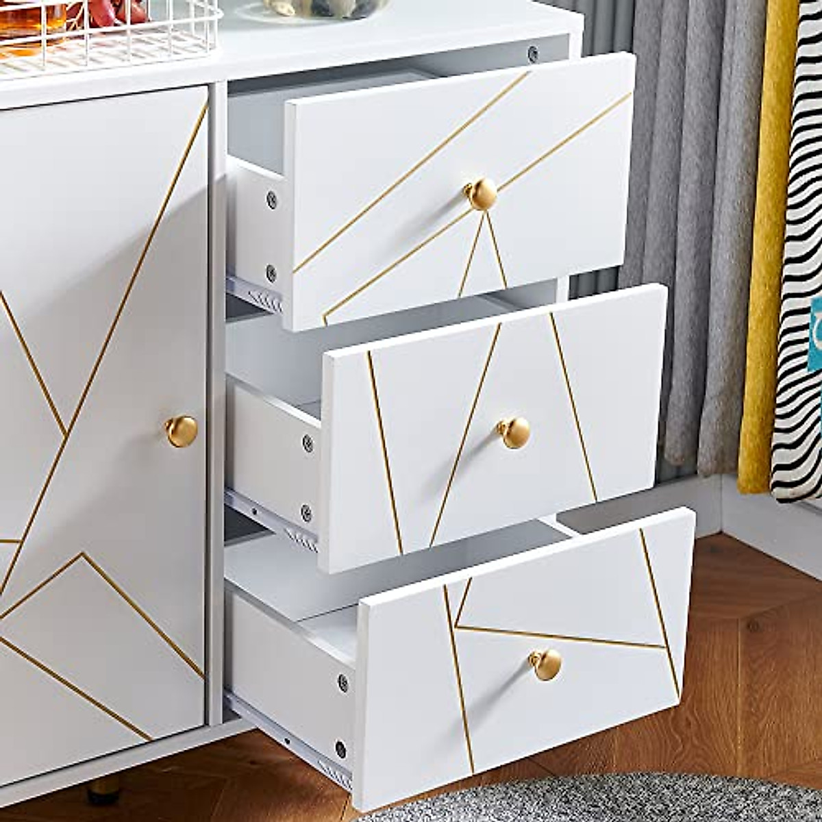 White Modern Kitchen Storage Cabinet Cupboard with Golden Line, Buffet Console Table Cupboard with 1 Door and 3 Drawers for Living Room Dining Room Entry Hallway, Credenza Sideboard Buffet Organizer