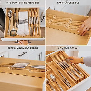 Bamboo Kitchen Knife Block Holder Organizer - Holds 5 Long + 6 Short Knives (Not Included), Fits Most Knife Sizes, Rubber Feet, Sustainable Bamboo, In-Drawer Design