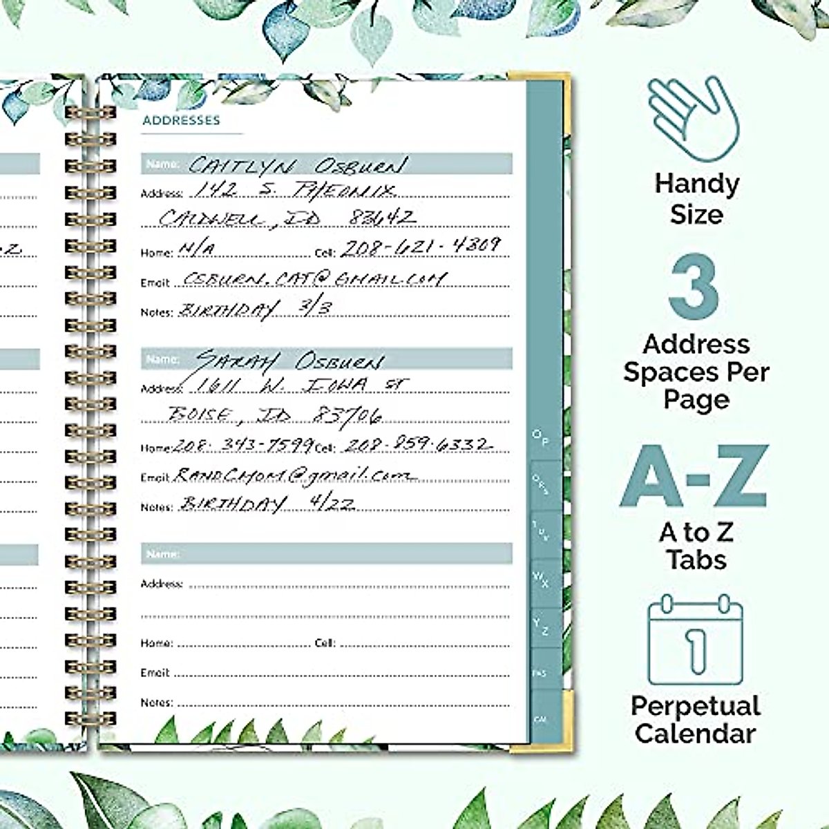 Simplified Greenery Address and Password Book with Alphabetical Tabs - The Perfect Spiral Bound Address Organizer incl. Address Labels, Contact and Phone Section