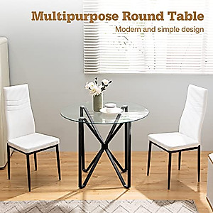 WISOICE Dining Table Round Glass Kitchen Dining Room Table with Tempered Glass Top and Metal Frames, Modern Circle Dinner Table for Small Spaces Living Room