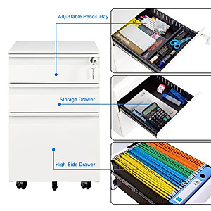PACHIRA E-Commerce Mobile File Cabinet with 3 Drawers Heavy Duty 19.69" D x 15.35" W x 23.62" H, Fully Assembled, Filing Cabinet Vertical File Under Desk for Legal/Letter/A4 File, White