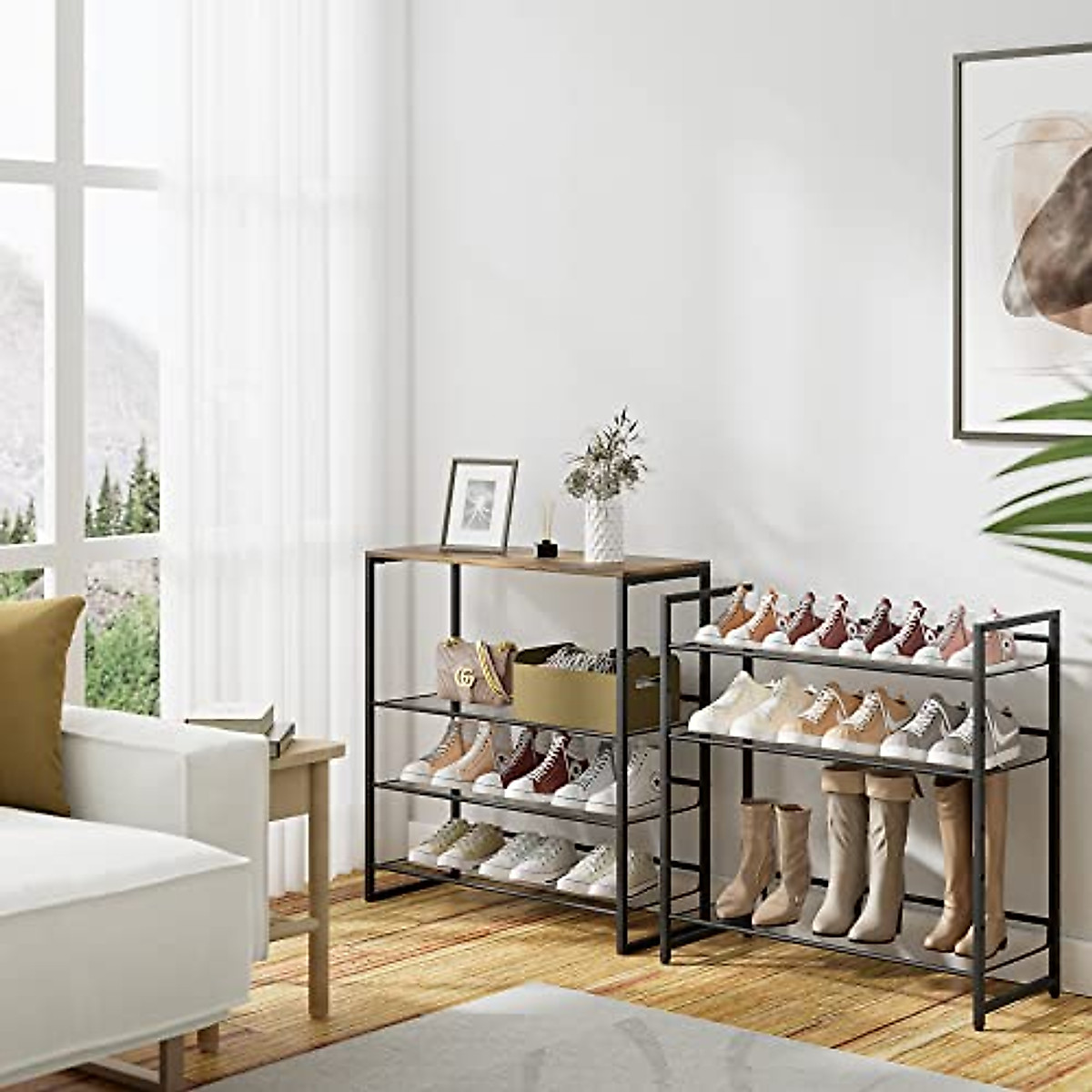 AEPOALUA Shoe Rack, 9-Tier Shoe Organizer, Tall Shoe Storage for Entryway, Closet, Garage, Large Shoe Rack Storage Organizer, Set of 2 5-Tier add 4-Tier Stackable Shoe Shelf, Industrial, Rustic Brown