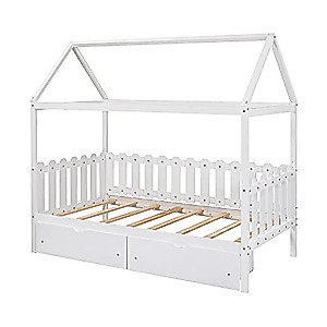 TARTOP Daybed with Drawers, Wood House Bed Tent Bed Twin Size with Drawers and Fence-Shaped Guardrail, for Toddlers/Teens/Girls/Boys, Kids House Bed Frame,White