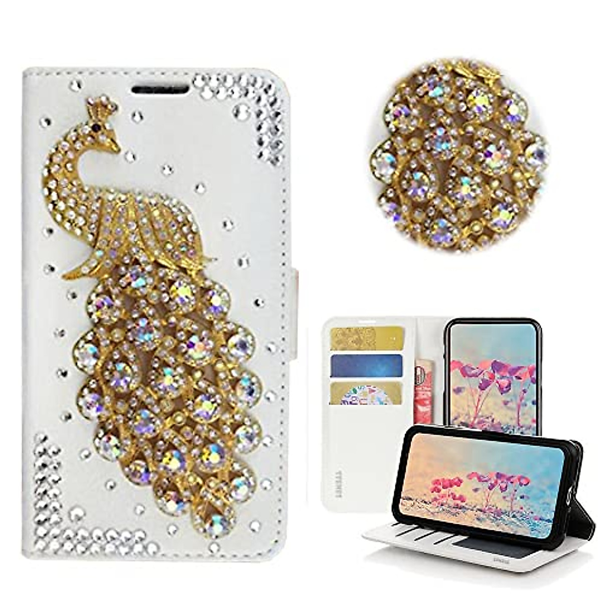 STENES Bling Wallet Phone Case Compatible with Samsung Galaxy Z Fold 2 5G - Stylish - 3D Handmade Peacock Design Leather Cover with Neck Strap Lanyard & Screen Protector - Bling