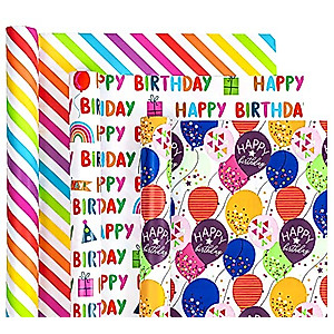 WRAPAHOLIC Birthday Wrapping Paper Roll - Mini Roll - 3 Rolls - 17 Inch X 120 Inch Per Roll - Colorful Balloons, Stripes, Happy Birthday for Party, Celebration, Baby Shower