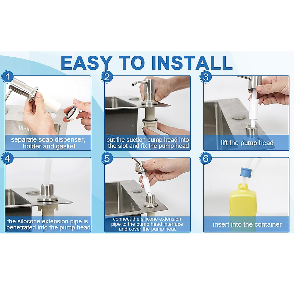 Soap Dispenser for Kitchen Sink, Built in Sink Soap Dispenser (Brushed Nickel), Countertop Soap Dispenser Pump with 47" Extension Tube kit, No Need to Fill Little Bottle Again (Longer Thread Shaft)