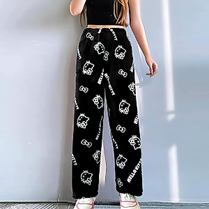 Anime Pajamas Pants Women's Girls Cartoon Cat All Character Print Flannel Lounge Sleep Bottoms Pajama Pants Christmas