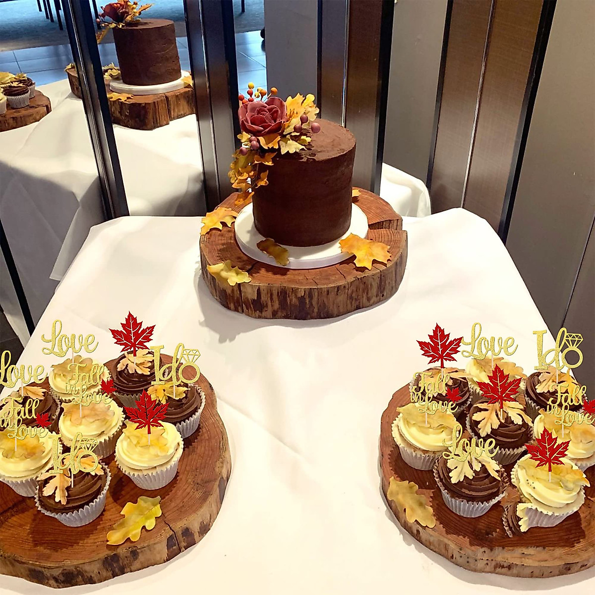 24 PCS Fall in Love Cupcake Toppers Glitter Maple Leaves Love I Do Cupcake Picks Fall Theme Wedding Cake Decorations for Bridal Shower Engagement Thanksgiving Birthday Party Supplies