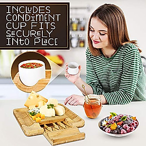 Bamboo Cheese Cutting Board Set - Flat Wood Serving Platter for Picnic Food or Wine, Rectangle Fruit and Meat Plate Kit w/Bowl, Closing Drawer Tray, 4 Stainless Steel Knives - NutriChef PKCZBD10