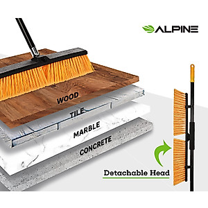 Alpine Industries Push Broom Heavy Duty Smooth Surface Broom Deck Scrubber Long Handle Commercial Floor Scrub Broom Cleans Dirt, Debris, Sand, Mud, Leaves and Water (Yellow, 18 in)