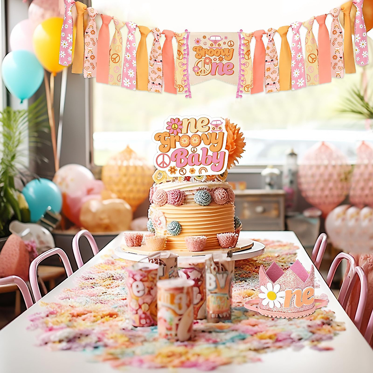 Vansolinne Groovy One High Chair Banner Kit Hippie 1st Birthday Decorations for Pink Boho Cake Smash Daisy Photo Booth Props One Retro Groovy Baby Party Supplies for Baby Girl