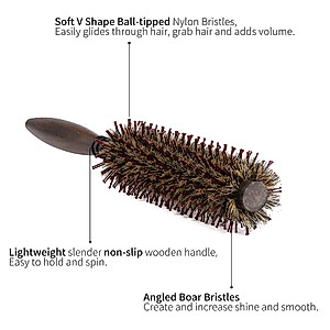 PERFEHAIR Small Round Boar & Nylon Bristle Brush -1.8 Inch, Styling Hairbrush for Blow Drying Curling Men & Women's Short, Thin, Fine Hair, Natural Wooden Handle