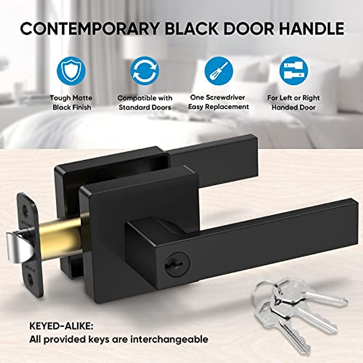 TICONN Door Handle Heavy Duty, Reversible Square Door Lever for Bedroom, Bathroom and Rooms (Black, Keyed Entry - Keyed Alike)
