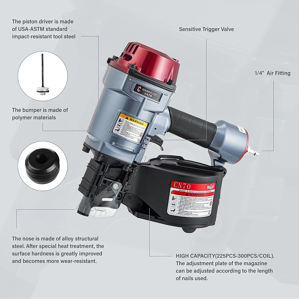 Goodnailer CN70 Air Coil Nailer 15 Degree 1-3/4-Inch to 2-3/4-Inch Coil Nail Gun Fast Shooting For Wooden Pallet Packing Wood Fencing