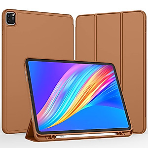 iMieet New iPad Pro 12.9 Case 2022(6th Gen)/2021(5th Gen) with Pencil Holder [Support iPad 2nd Pencil Charging/Pair],Trifold Stand Smart Case with Soft TPU Back,Auto Wake/Sleep(Brown)