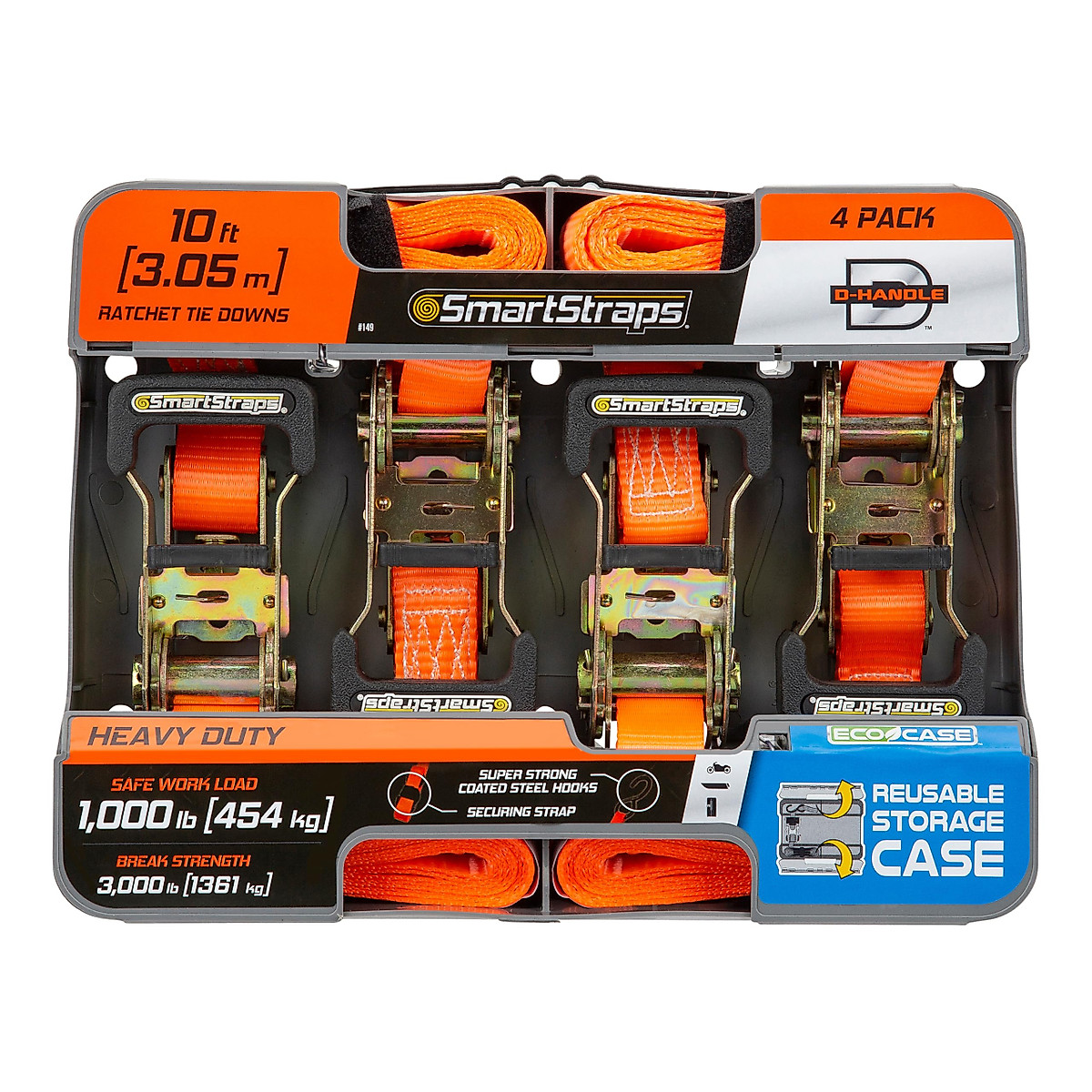 SMARTSTRAPS 10-Foot Ratchet Straps (4pk) – 3,000 lbs Break Strength – 1,000 lbs Safe Work Load Haul Heavier Loads Like Motorcycles, Boats and Large Appliances – Heavy-Duty Padded Tie-Downs, ORANGE (149)