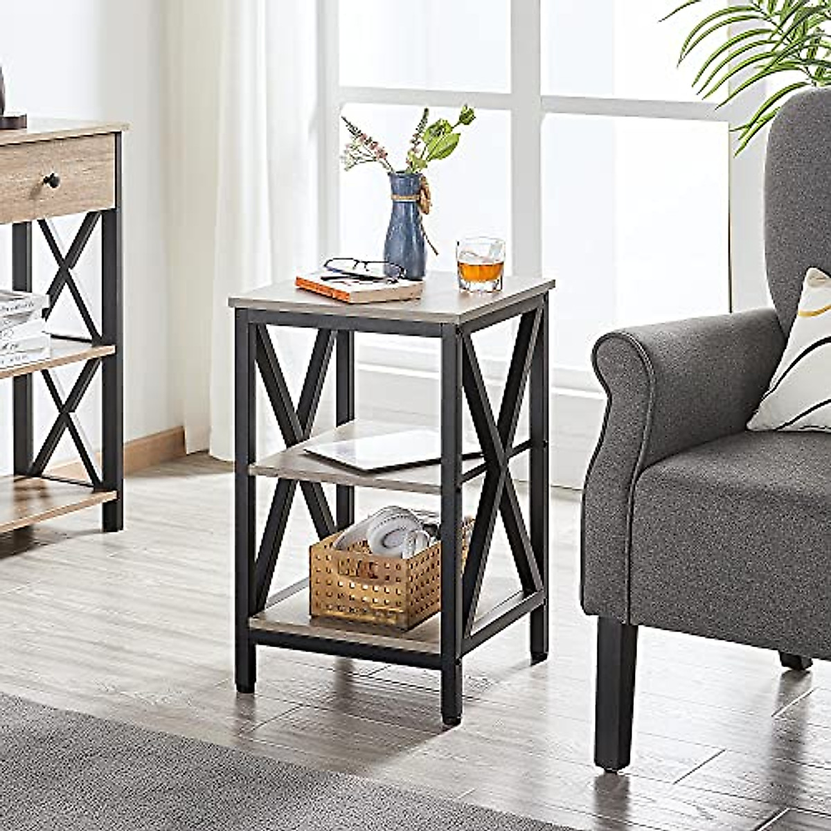 Yaheetech Industrial End Tables, 3-Tier Side Tables with Storage Shelves for Living Room, X Design Sofa Tables, Strong Metal Frame, Easy Assembly, Gray