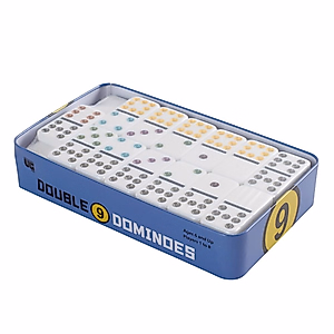 Front Porch Classics | Double 9 Colored Dot Dominoes Travel Tin Set, 2 to 8 Players Ages 8 to 99