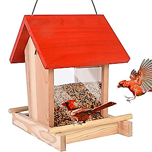 Wooden Bird Feeders for Outdoors Hanging, Hanging Wild Birdfeeder, Large Capacity Weatherproof Window Bird Feeder, Patio Garden Decoration with Drainage Hole (red Pine)