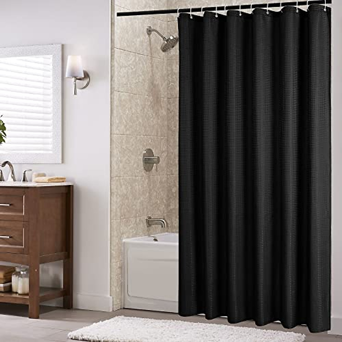 Gibelle Black Shower Curtain, Waffle Weave Textured Fabric Shower Curtain for Bathroom - Soft Cloth & Hotel Spa Luxury, Water Repellent, Machine Washable, 72X72, Black