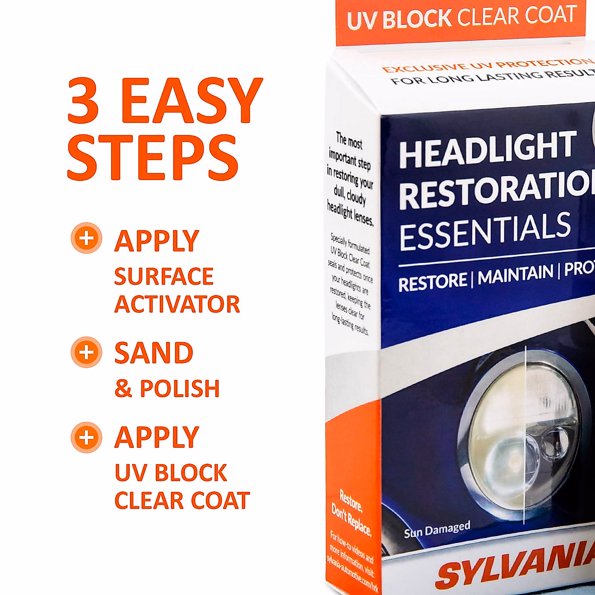 SYLVANIA - Headlight Restoration Essentials Kit - UV Block Clear Coat, Most Important Step to Restore Sun Damaged Headlights, Surface Activator, UV Protection for Clearer Headlights - 1 Fl Oz