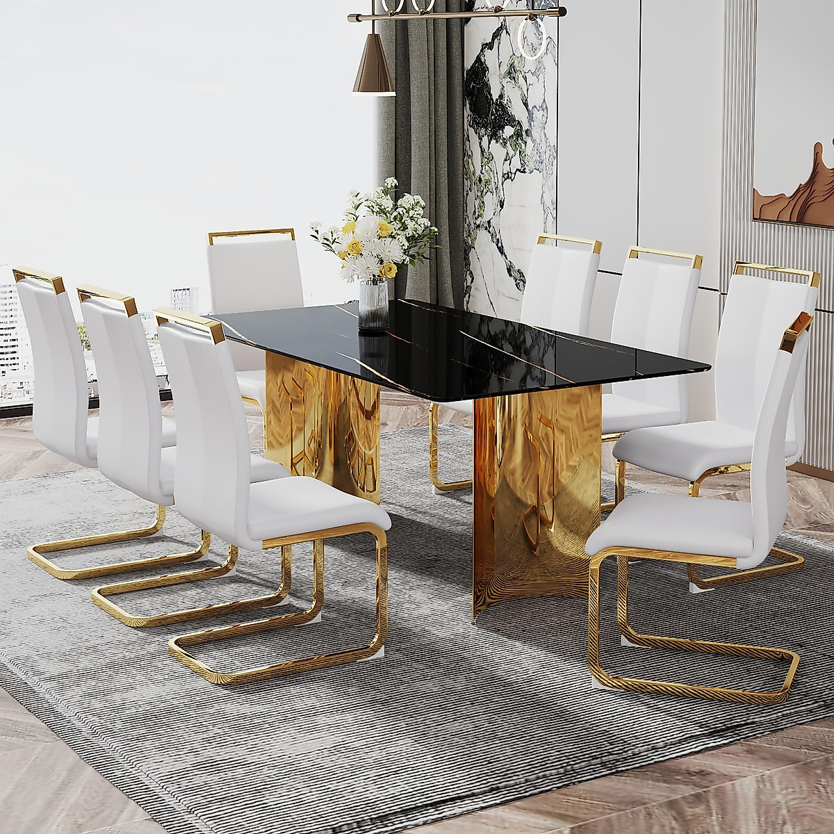 Pvillez 63" Dining Table, Imitation Marble Dining Table Set for 6 8, Modern Kitchen Table and Chairs for 4 6, Dinner Table with Craft Glass Desktop Steel Legs (Table2)