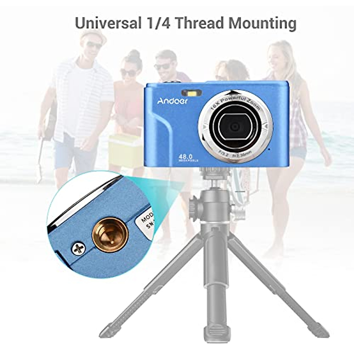 Andoer Portable Digital Camera 48MP 1080P 2.4-inch IPS Screen 16X Zoom Auto Focus Self-Timer 128GB Extended Memory Face Detection Anti-Shaking with 2pcs Batteries Hand Strap Carry Pouch