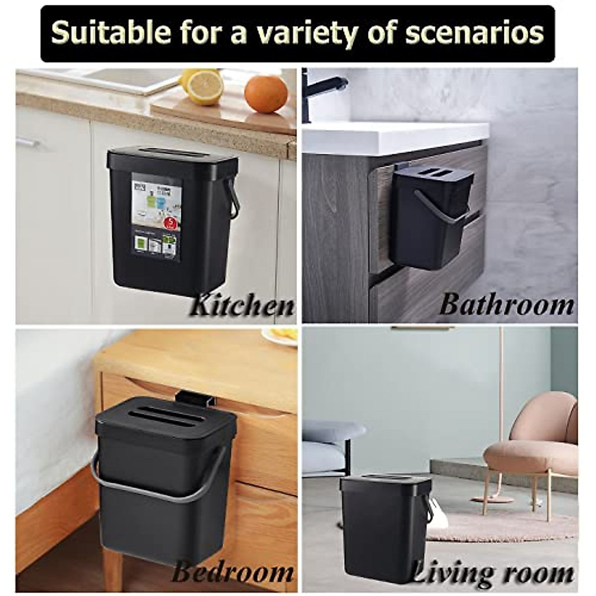 Small Trash Can with Lid Mini Kitchen Hanging Trash Can Tightly Sealed Odor Free, Small Countertop Compost Bin for Scraps from Daily Cooking, Mountable Trash Bin for Kitchen Counter, 5L/1.3 Black
