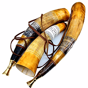 Viking War Horn Genuine Ox-Horn Battle Trumpet - Premium Hand Engraved Horn Viking Norse Cattle Ancient Horn Bugle Hunting Tool BATTLE HORN BLOWING HORN VIKING BUGLE HORN & Brass With Wooden Stand 16"