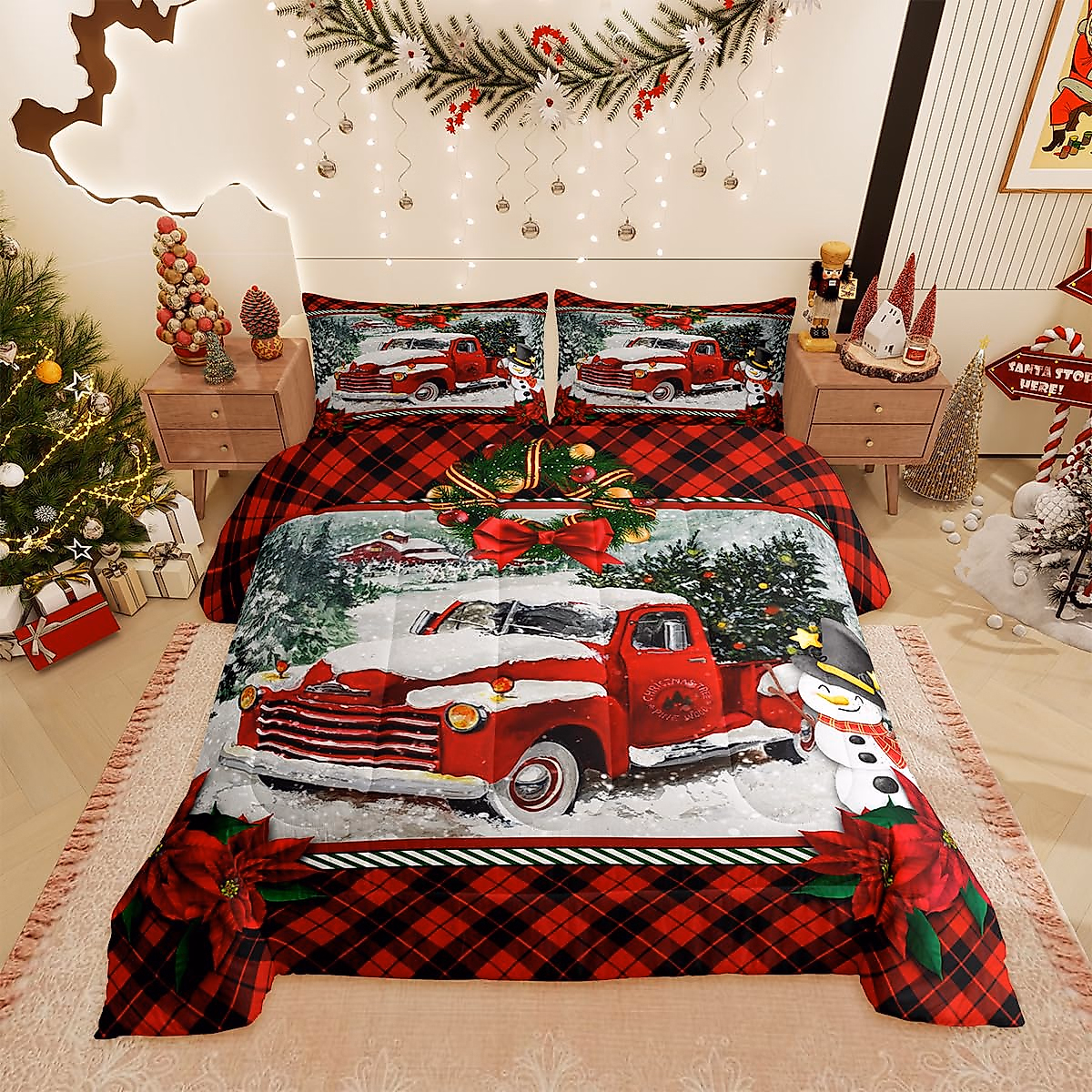 Homewish Christmas Truck Comforter Set Queen Size Kids Girls Boys Red Plaid Decor Pine Tree Bedding Set 3pcs Winter Snow View Quilt Set Happy New Year Gifts Duvet Insert with 2 Pillowcases