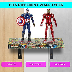 POP Creations Marvel Retro Comics Wooden Shelves, 2-Pc Wood Shelves for Wall, 12x6-Inch Wall Mounted Bedroom Shelves & Decor, Paper Wrapped Wall Shelves for Bedroom