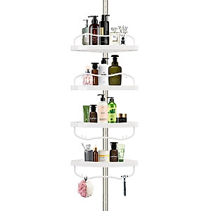 HOSKO Shower Caddy Tension Pole, 4-Tier Adjustable Tension Rod Shower Caddy Corner, Rustproof Shower Organizer Corner Shelf 54 to 114 Inch