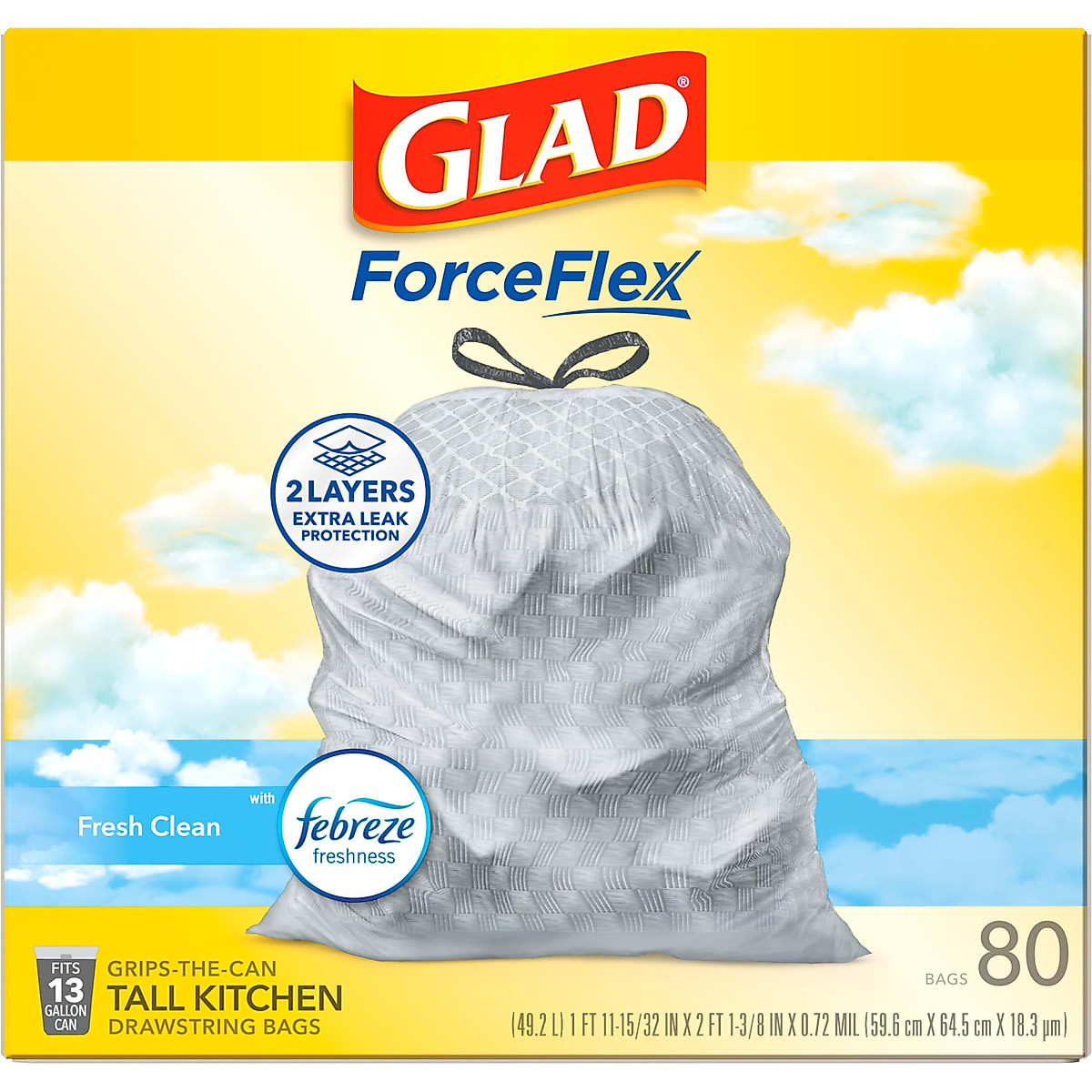 GLAD ForceFlex Tall Drawstring Trash Bags, 13 Gallon Grey Trash Bags for Tall Kitchen Trash Can, Fresh Clean with Febreze Freshness to Eliminate Odors, 80 Count - Packaging May Vary