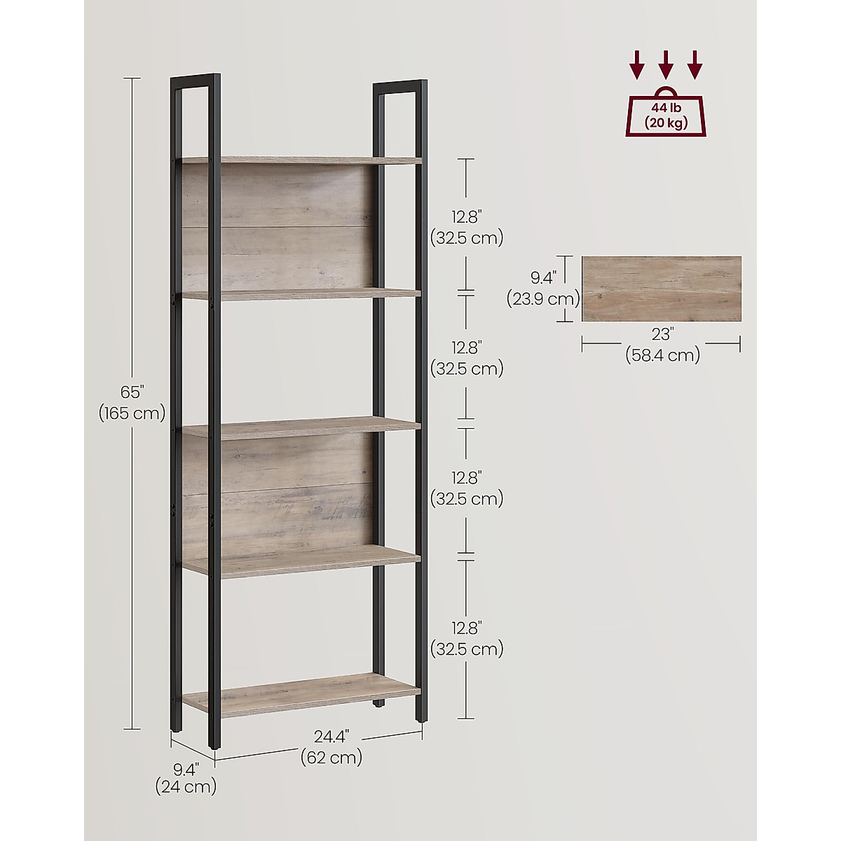 VASAGLE 5-Tier Bookshelf, Book Shelf, Industrial Bookcase, with Steel Frame, for Living Room, Home Office, Bedroom, 9.4 x 24.4 x 65 Inches, Greige and Black ULLS025B02